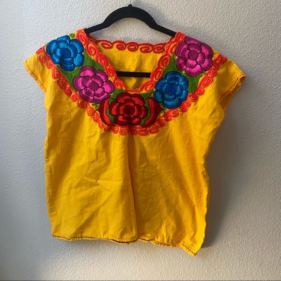 Tops | Boho Mexican Hispanic Latina Floral Embroidery Yellow Bright ...